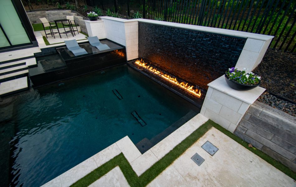 Small Modern Pool With Floating Fire & Water Wall Project